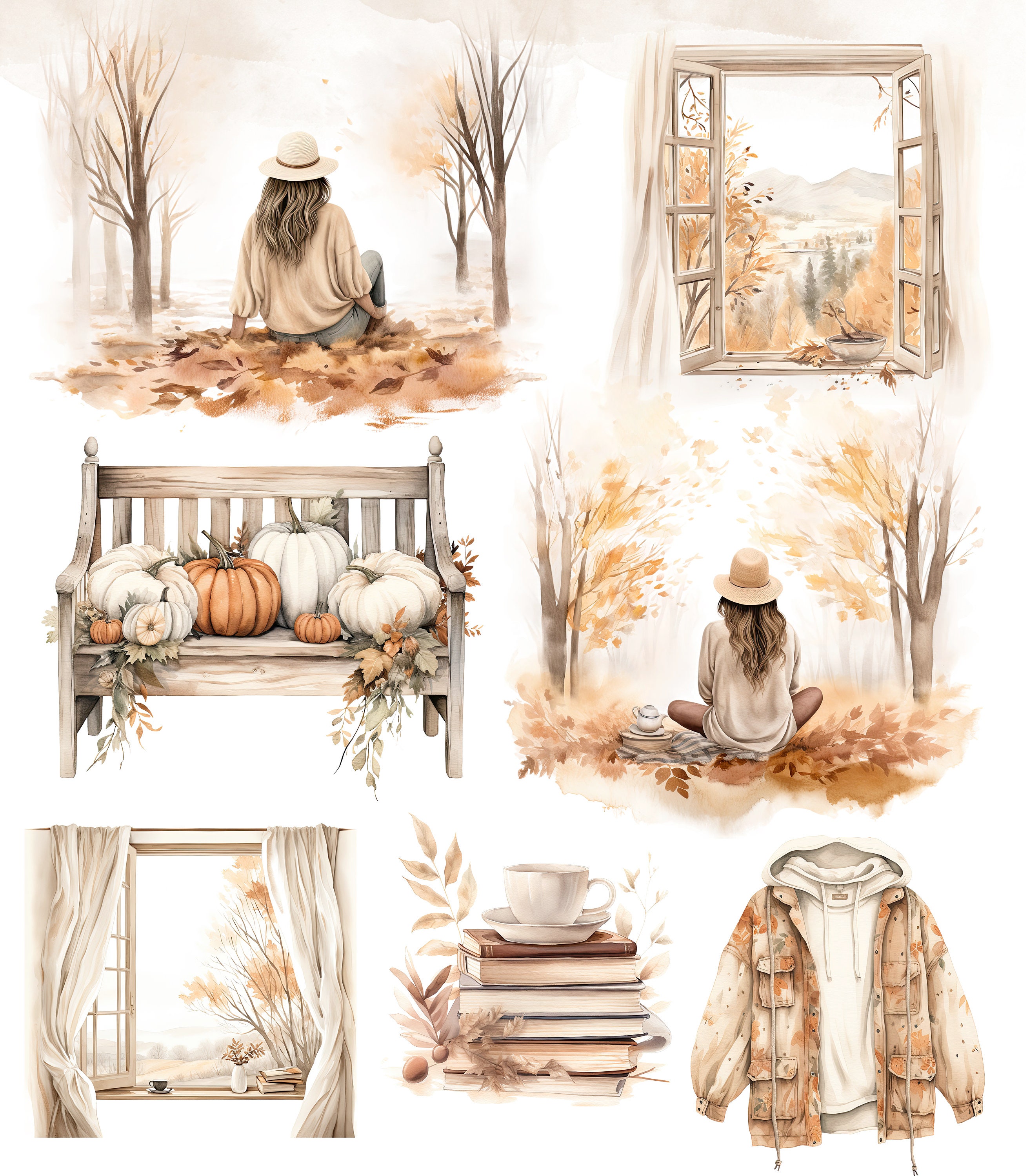 Watercolor Fall Vibes Clipart, Watercolor Fall Aesthetic Clipart ...