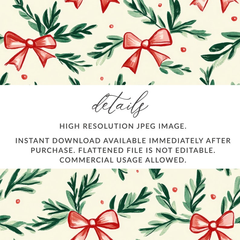 Christmas Holly Leaves and Red Bows Seamless PNG Digital Pattern File ...