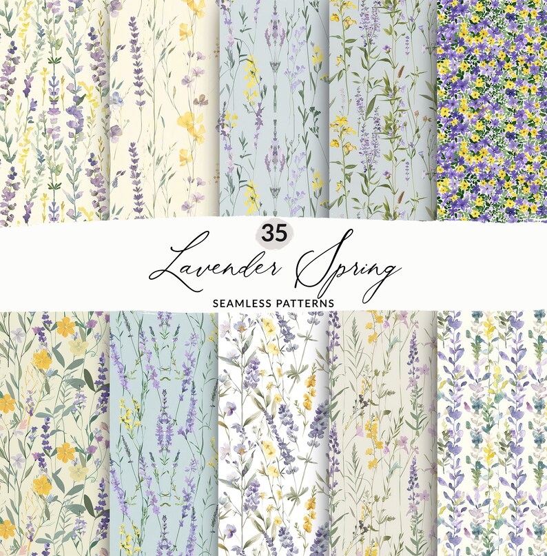 35 Seamless Lavender Background Seamless Lavender Sprig Patterns, Dainty Wildflower Stem ...
