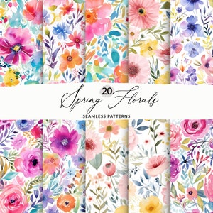Wet Watercolor Spring Floral Seamless Patterns Watercolor, Neon Spring Flower Backgrounds ...