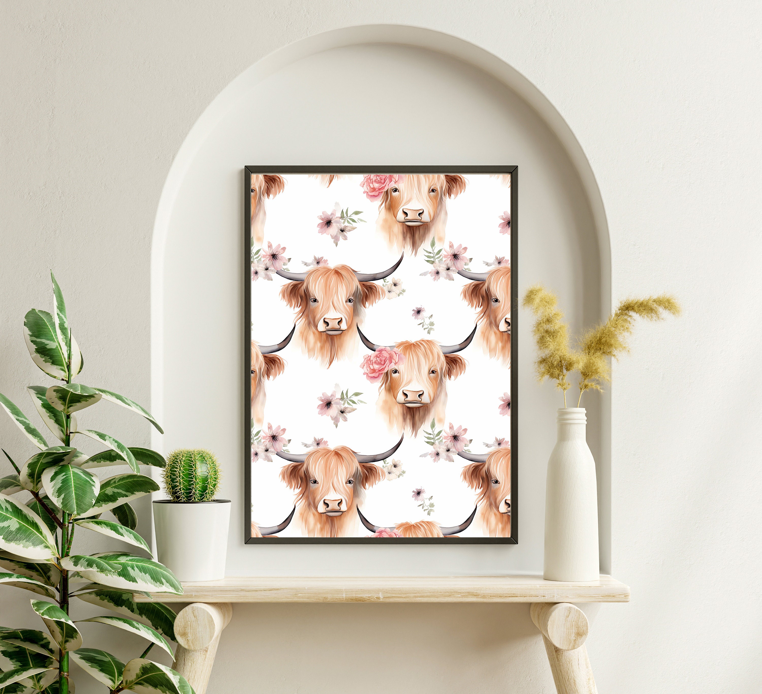 Seamless Highland Cow Pattern, Boho Highland Cow Digital Paper ...