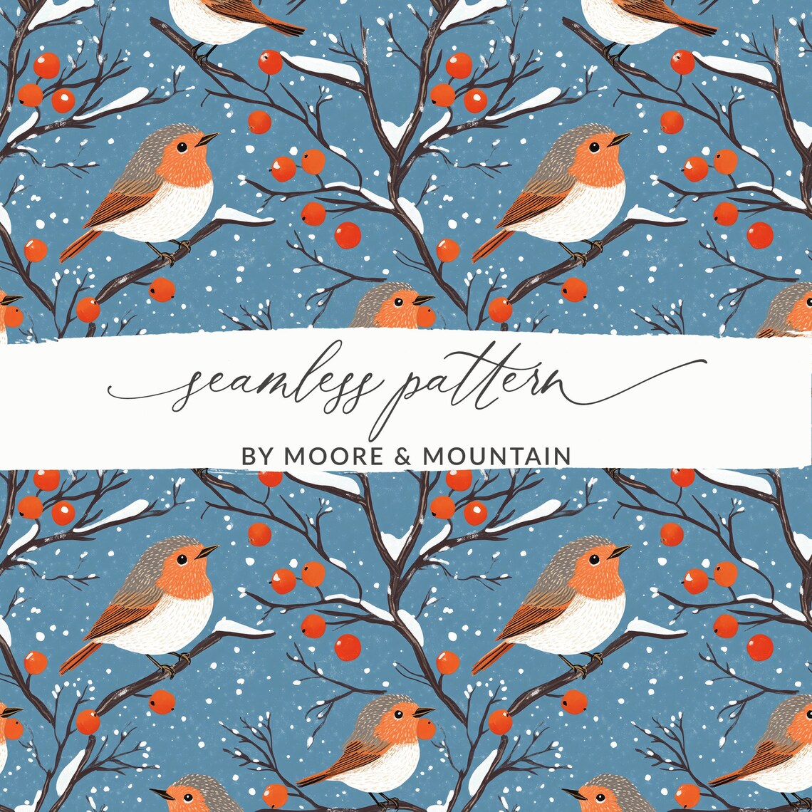 Robin Seamless Background Pattern Winter Birds on Branches Winter ...