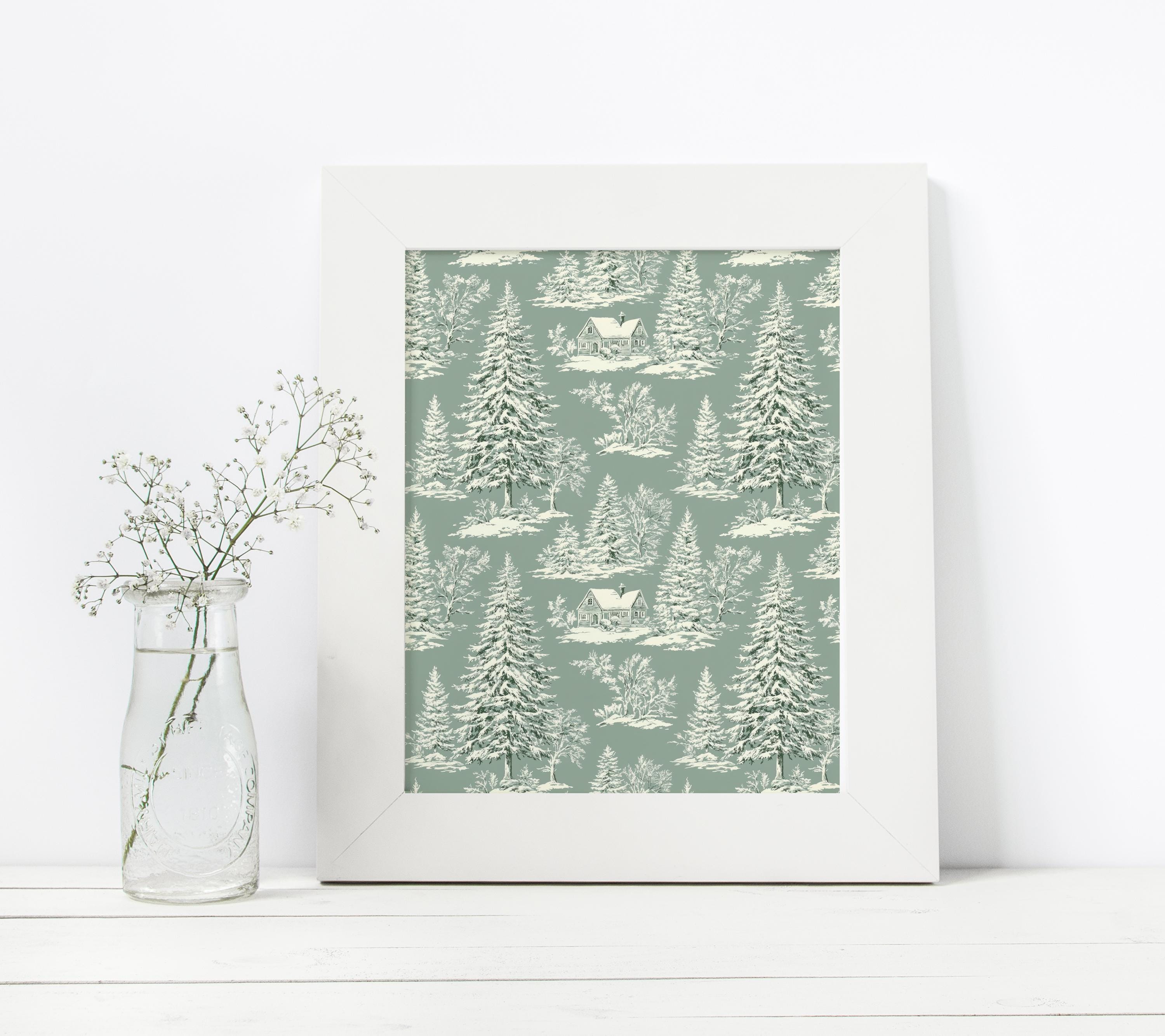Sage Green Christmas Tree Toile Seamless Background PNG Vintage Toile ...