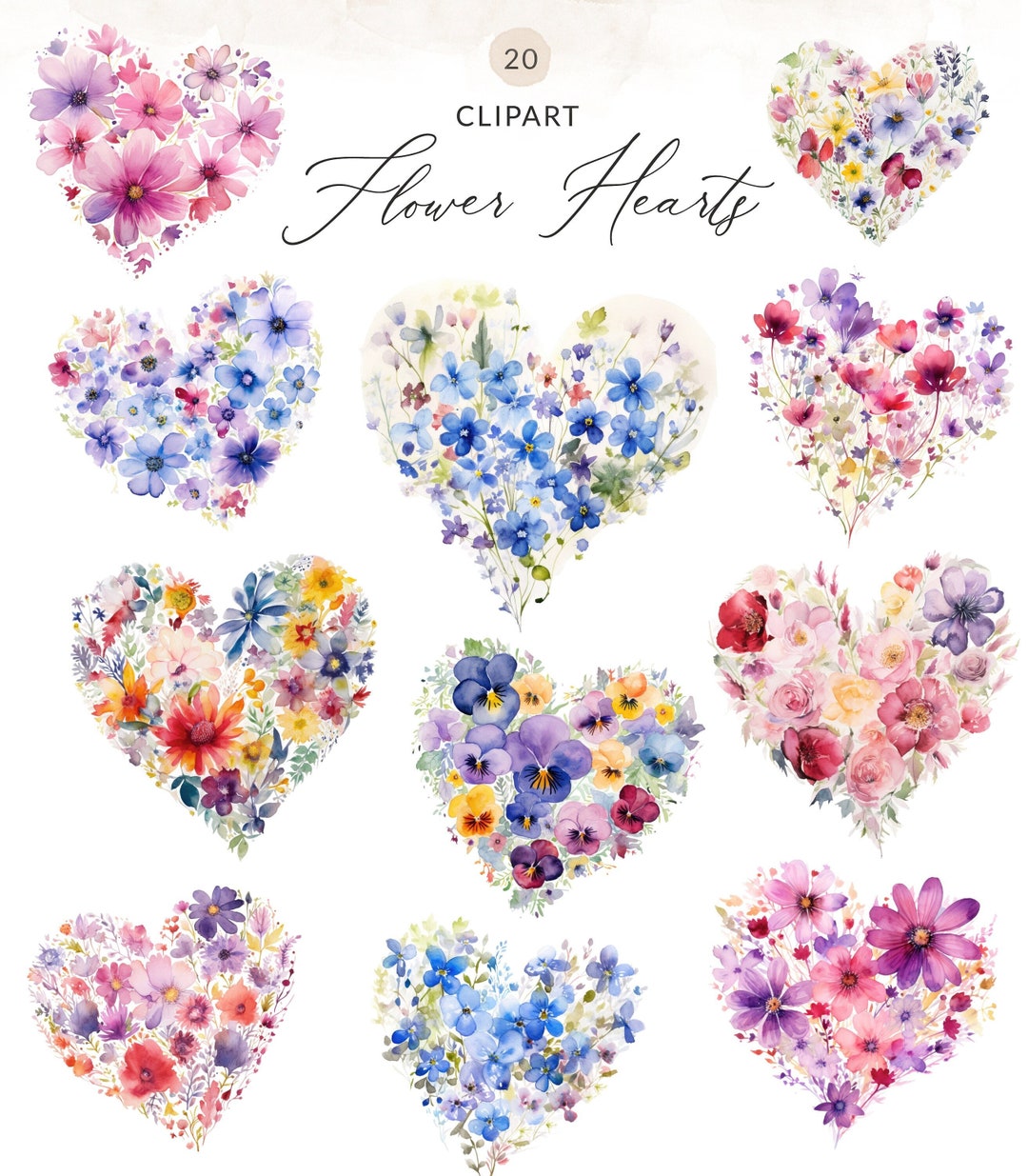 Watercolor Floral Hearts Clipart Flower Hearts, Watercolor Hearts Clip ...