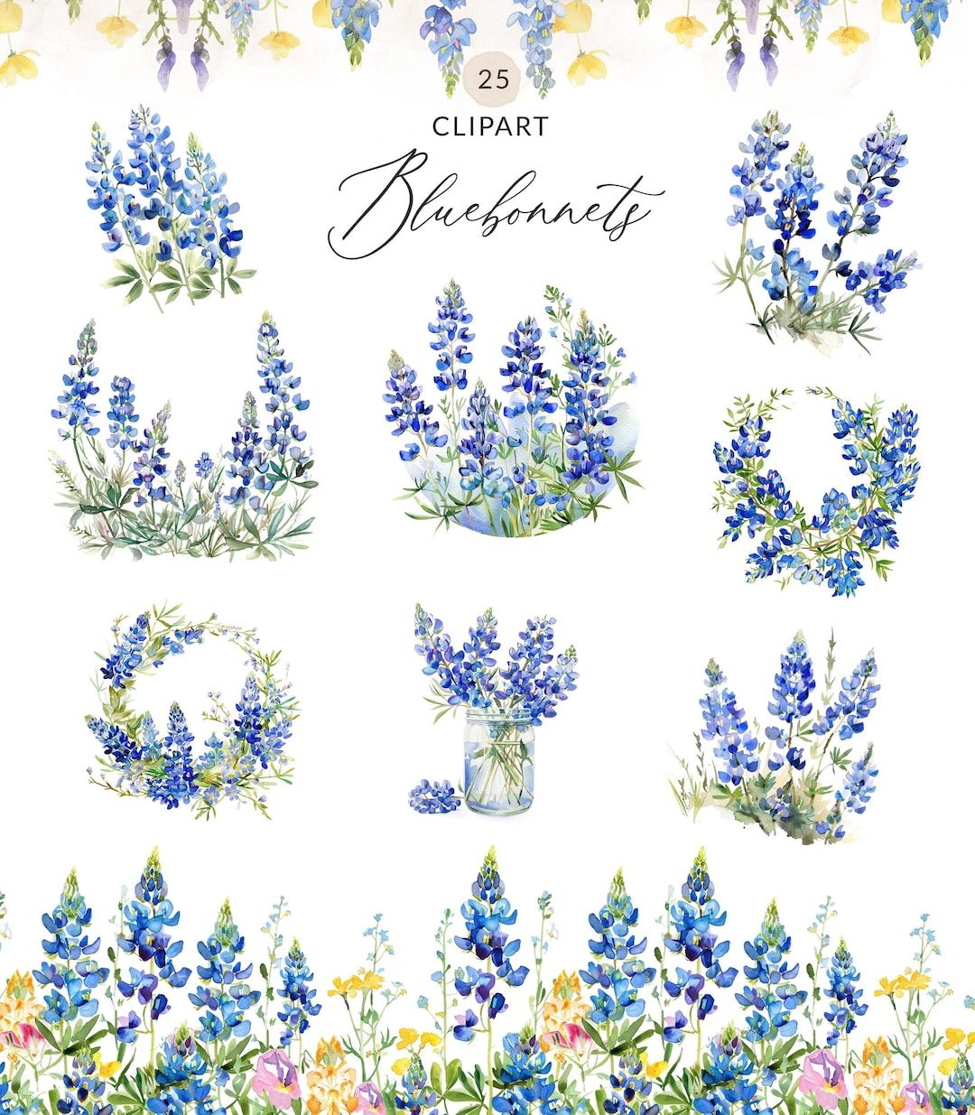 25 Watercolor Bluebonnet Clipart, Watercolor Bluebonnets Spring Clipart ...