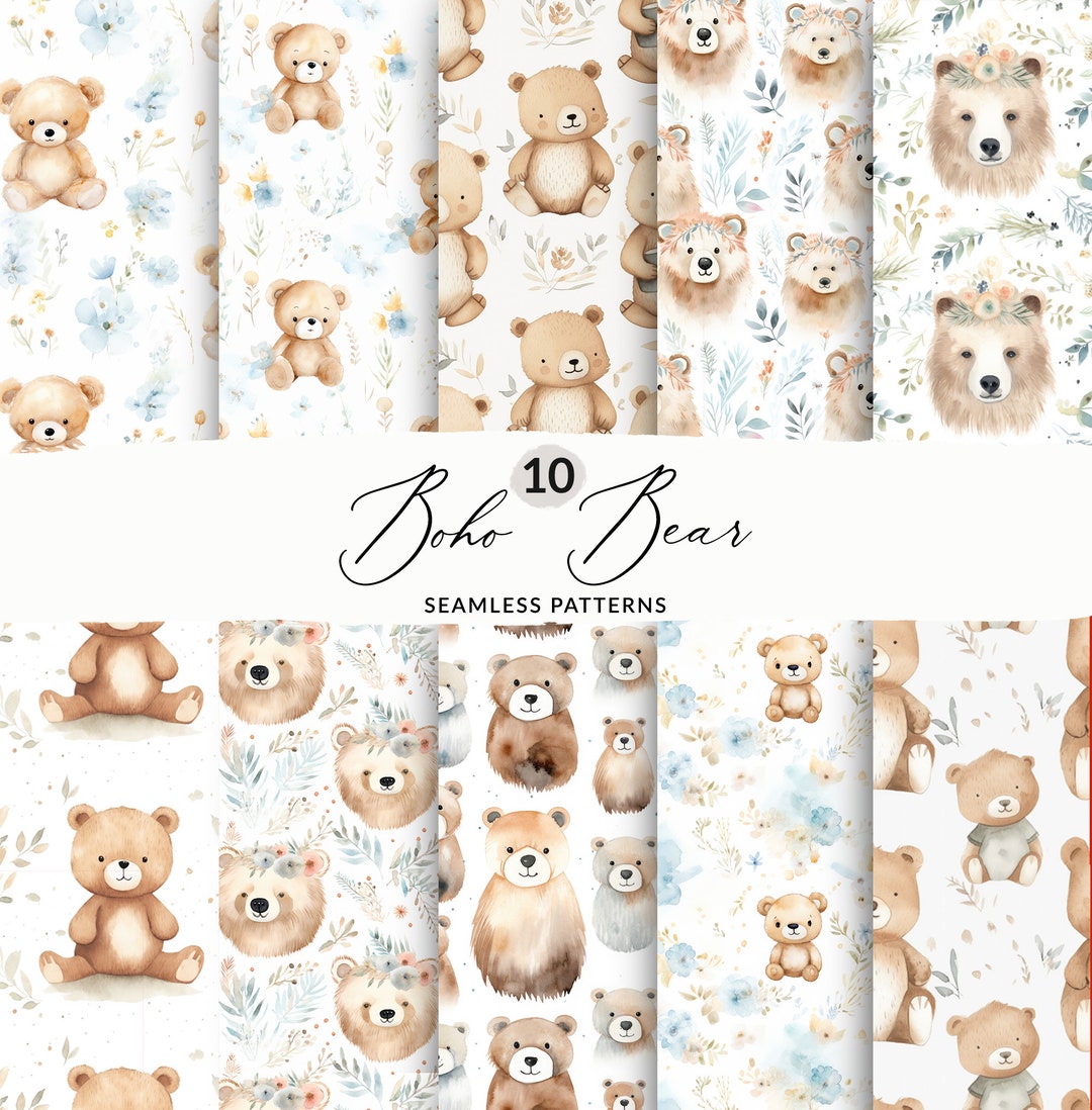 Seamless Bear File PNG, Boho Bear Seamless Pattern, Watercolor Bear ...