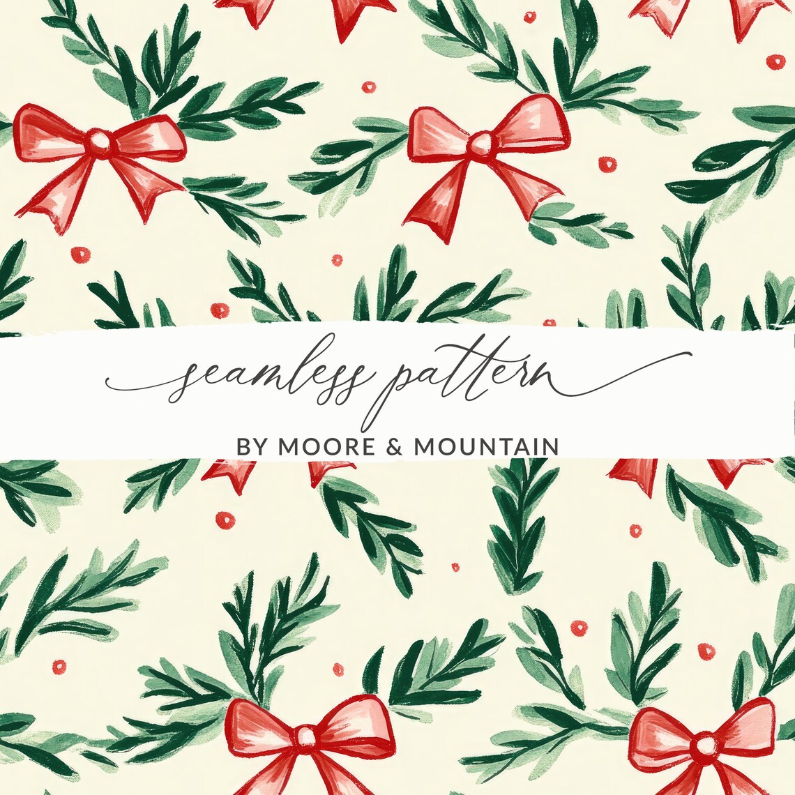Christmas Holly Leaves and Red Bows Seamless PNG Digital Pattern File ...