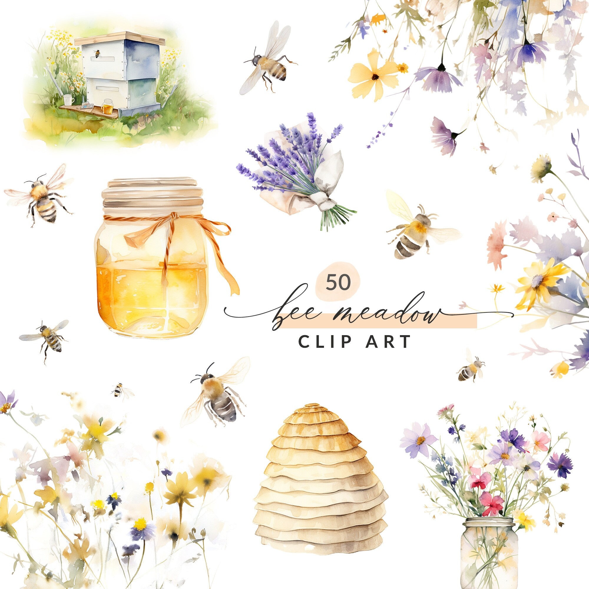50 Honey Bee Clip Art, Watercolor Bee Clipart Set, Honey Clipart, Bee ...