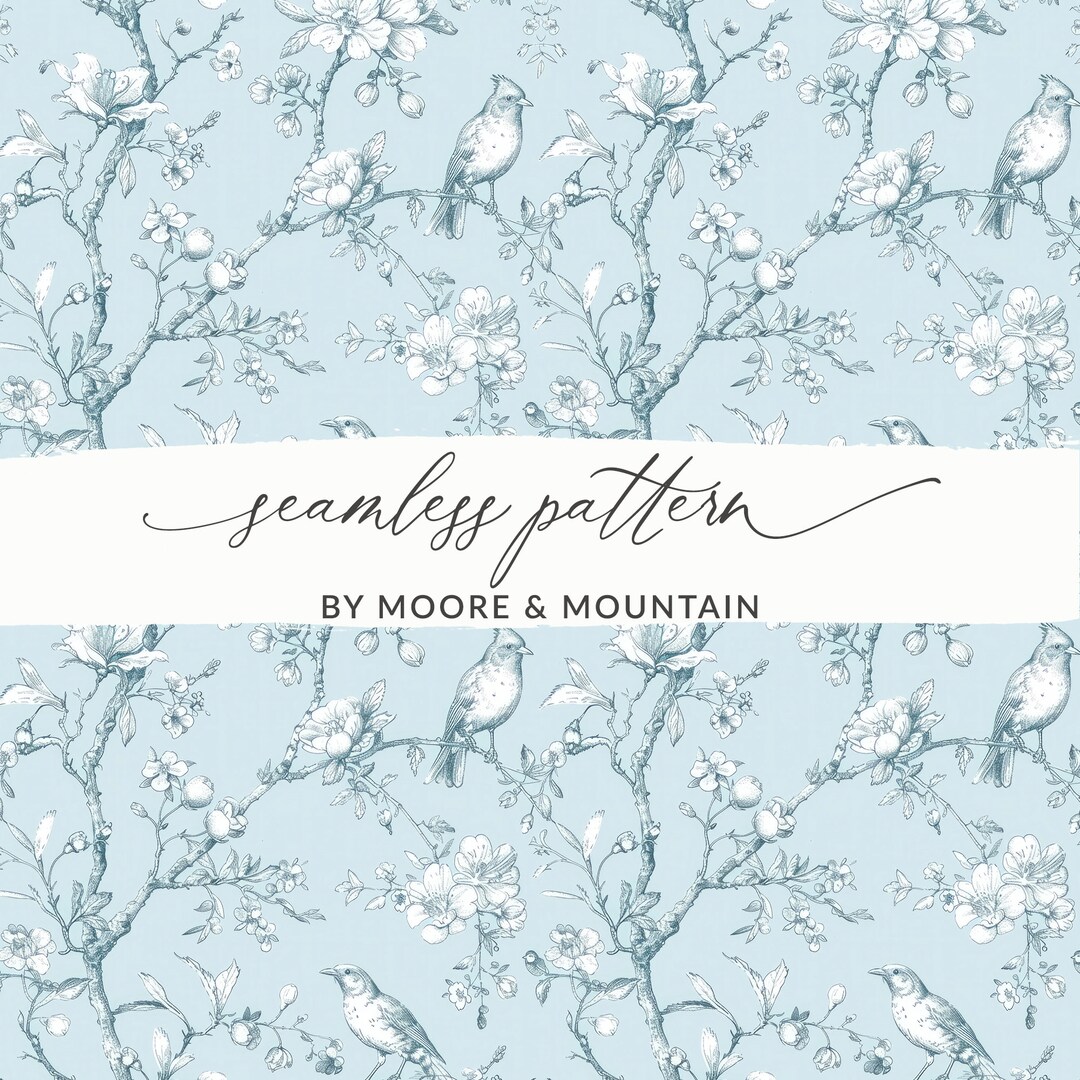 Seamless Toile Pattern, Light Blue Toile Dainty Branches and Birds ...