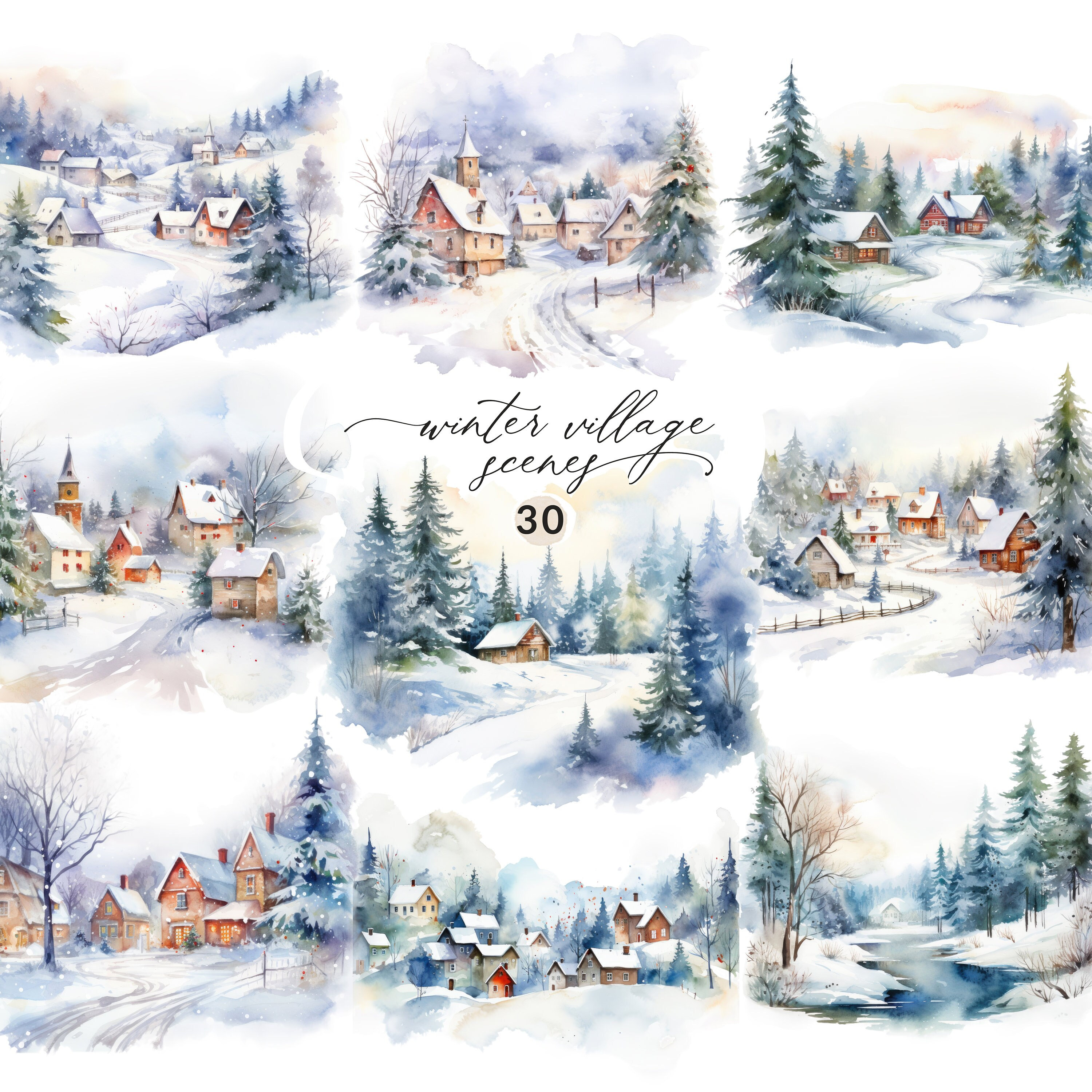 Winter Cabin Clipart, Watercolor Winter Village Clipart, Winter Town ...