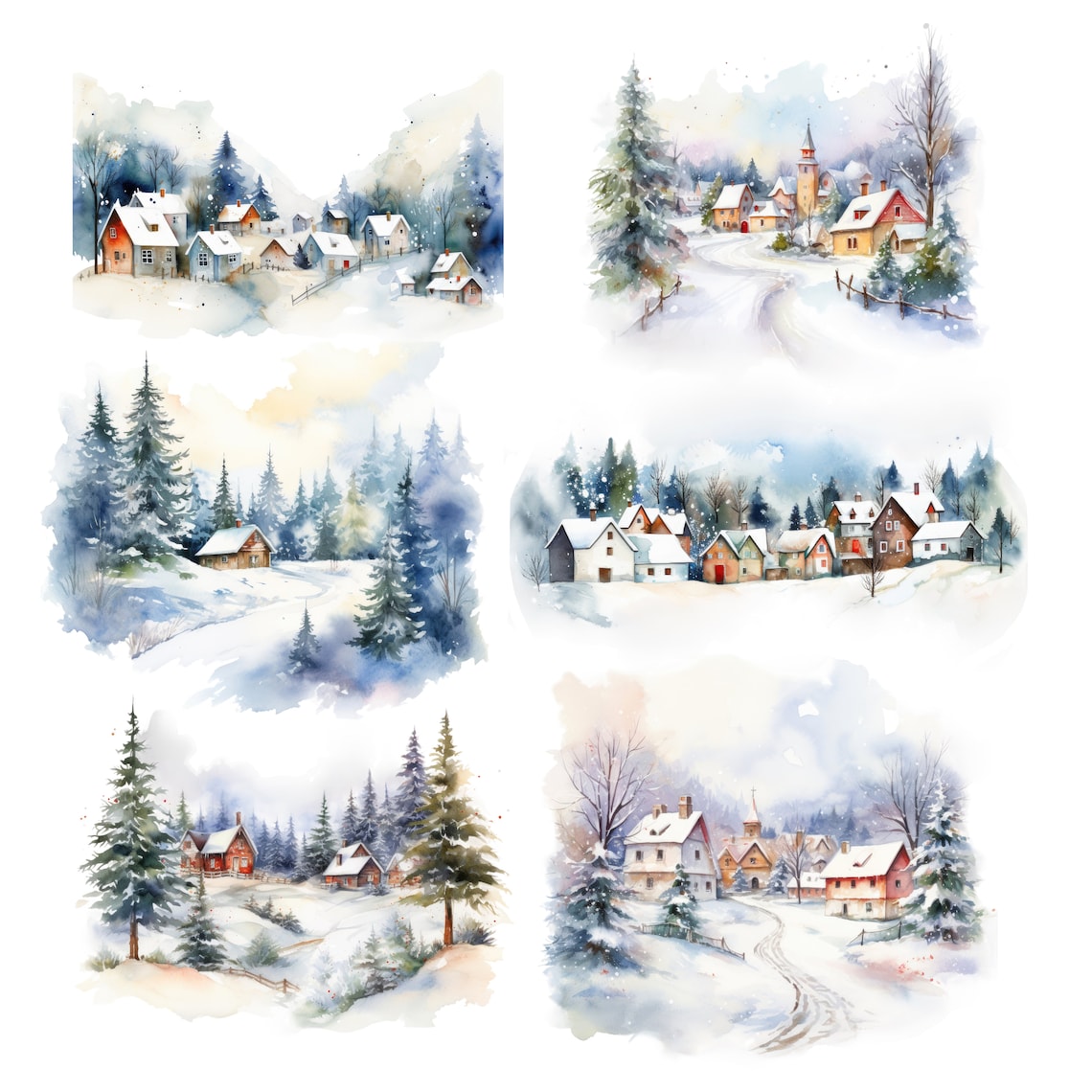 Winter Cabin Clipart, Watercolor Winter Village Clipart, Winter Town ...