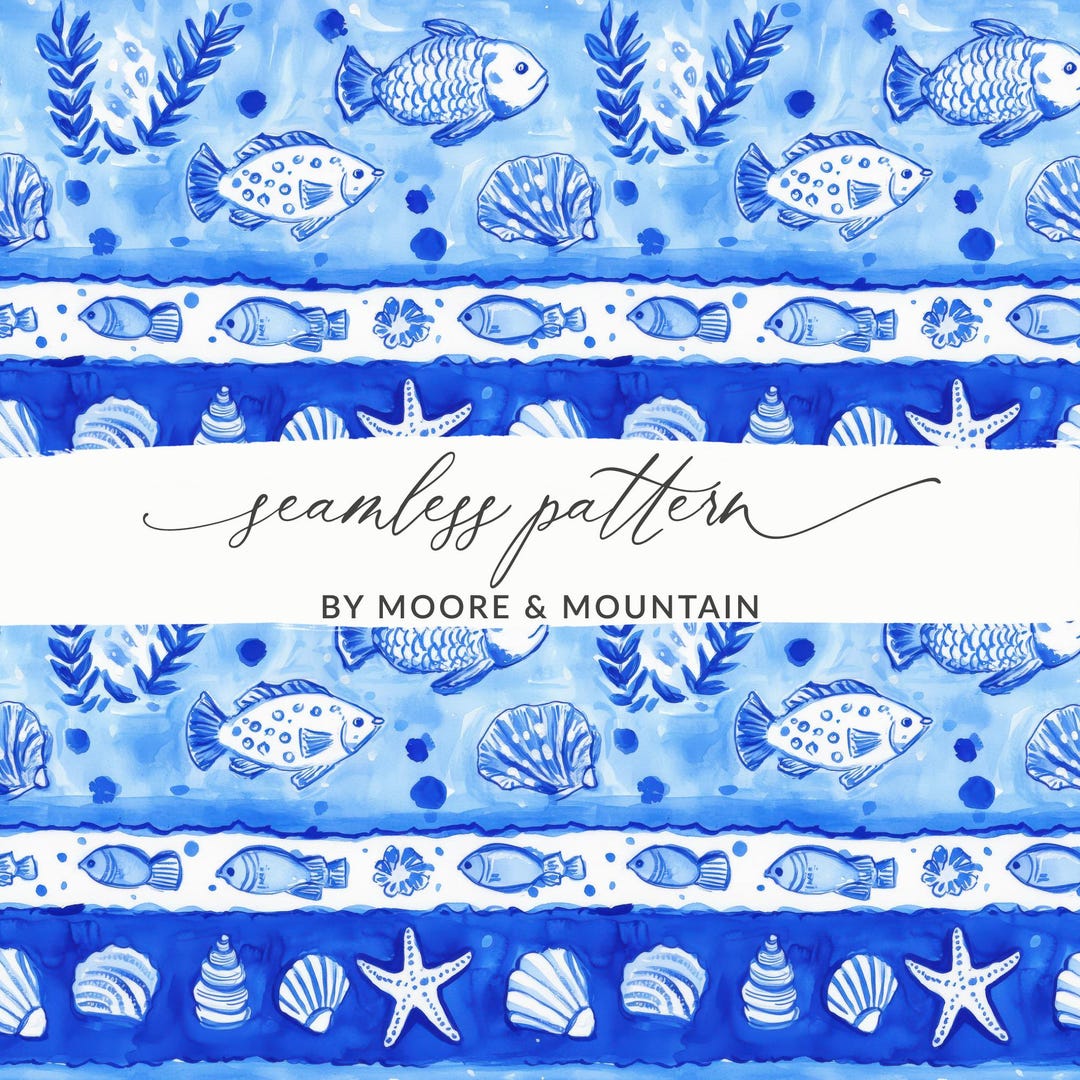 Blue Fish Digital Paper, Watercolor Sea Seamless Pattern, Nautical ...