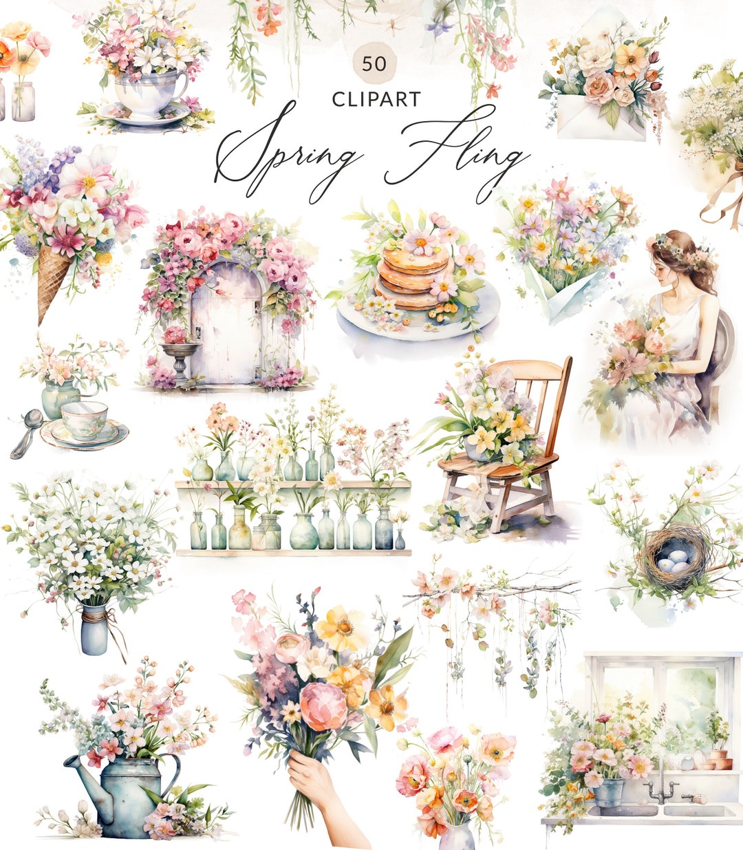 Watercolor Spring Clipart Collection, Spring Clipart Set, Whimsical ...