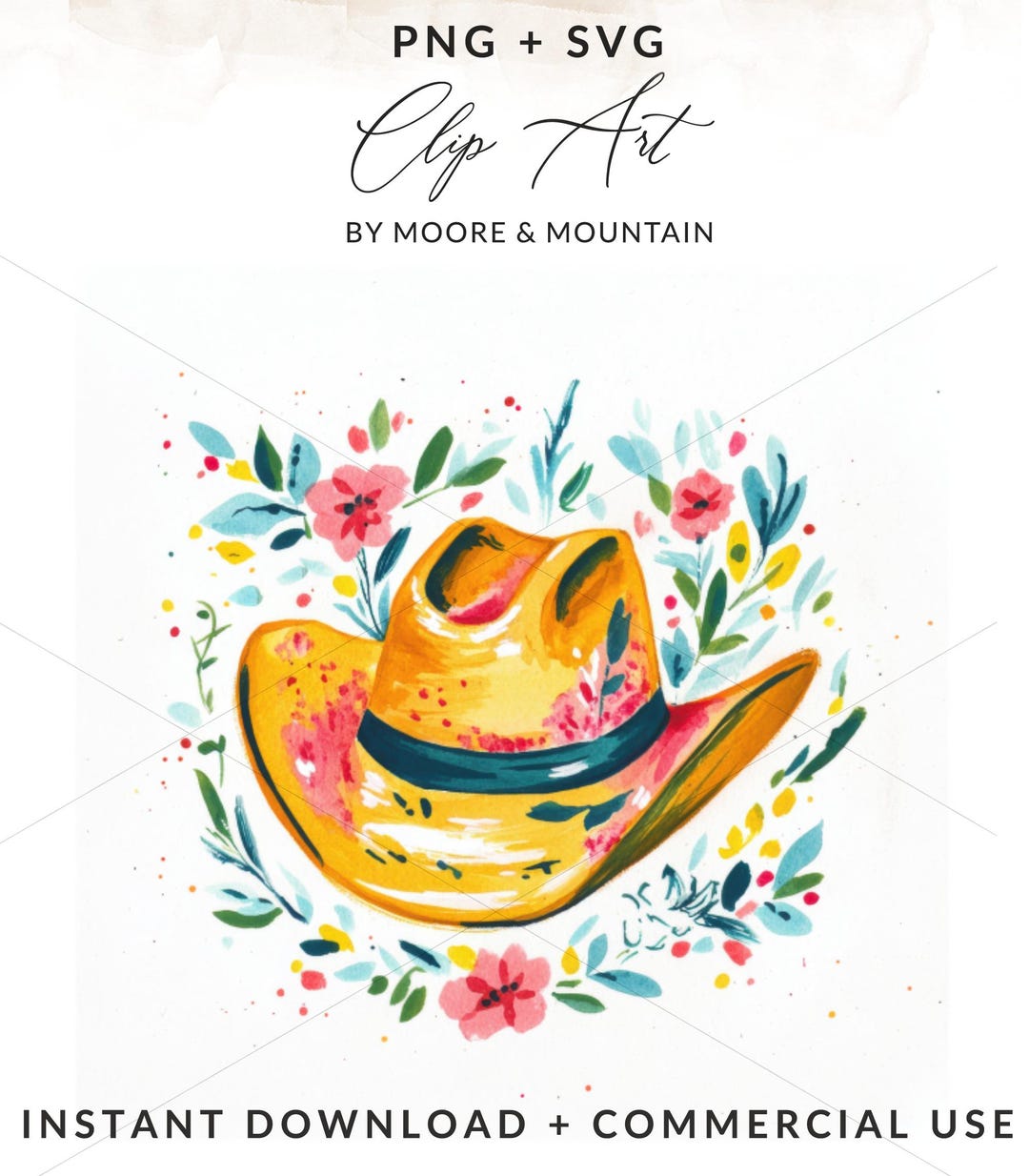 Preppy Floral Cowboy Hat Digital Art, Watercolor Western Clipart, PNG ...