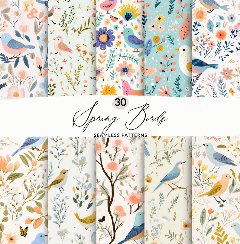 Seamless Birds Patterns Folk Art Bird Backgrounds, Cute Birds Digital ...