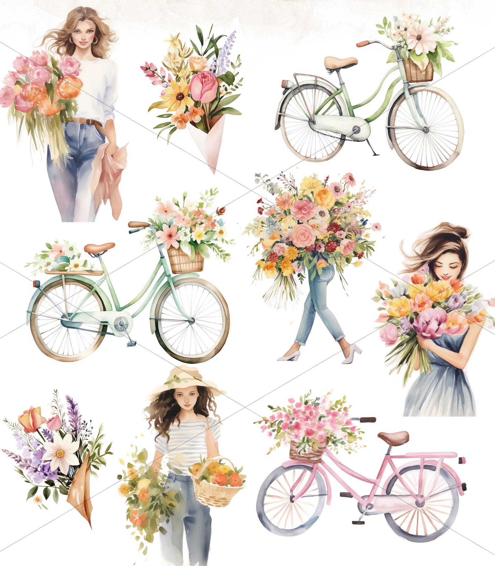 Spring Bike Clipart, Watercolor Bikes Clipart Spring Flower Bikes With ...