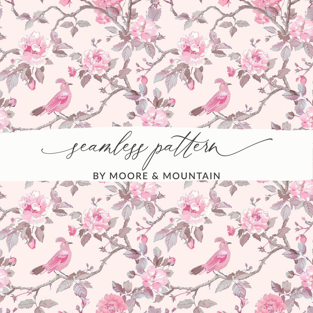 Oriental Pink Floral Background Pattern With Bird, Chinoiserie Pink ...