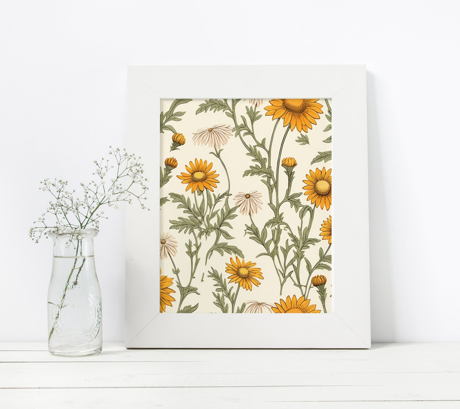 Floral Cottagecore PNG Background Design, Vintage Daisy Stems Design ...