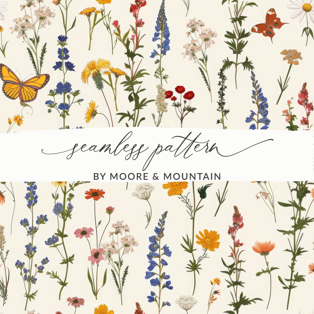 Seamless Butterfly Wildflower Pattern, Wildflowers With Butterfly ...