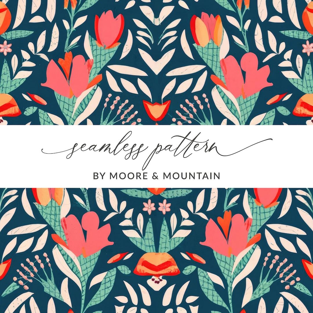 Seamless Folk Art Floral Pattern, Navy Blue Folk Art Flowers Seamless ...