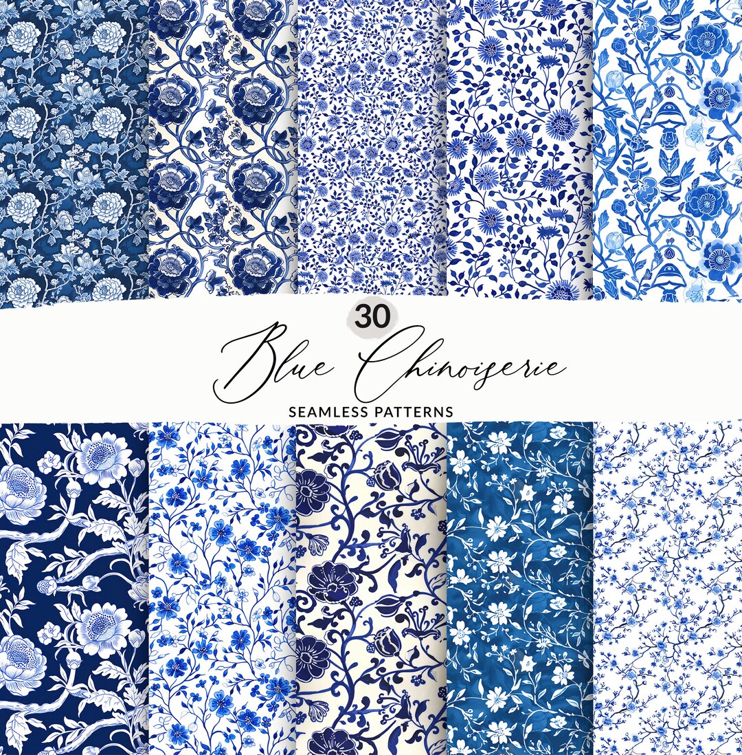 Seamless Chinoiserie Blue Watercolor Patterns, Chinese Floral ...