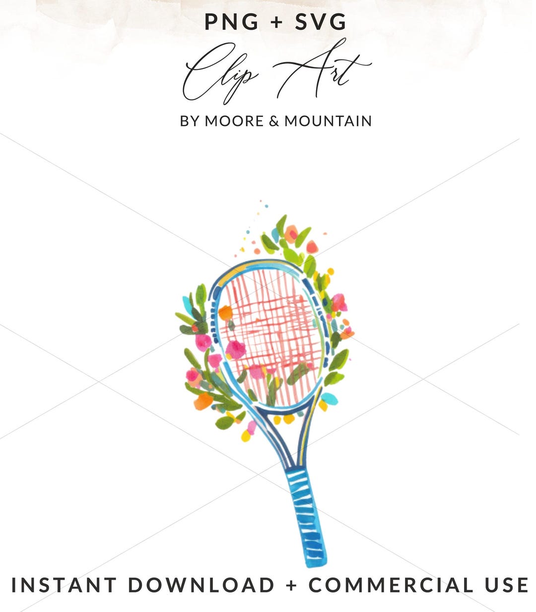 Preppy Floral Tennis Racket Digital Art, Watercolor Flower Illustration ...