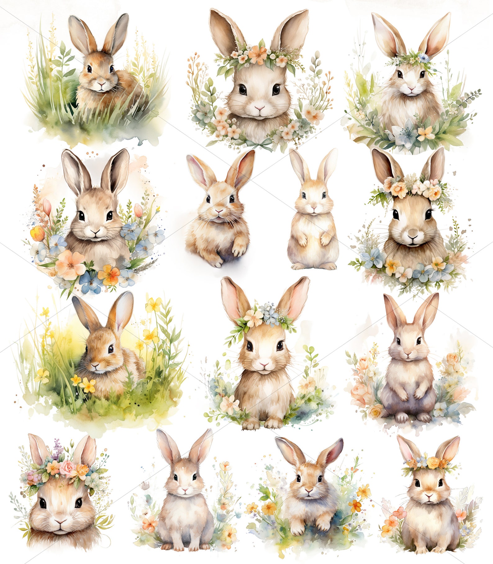 Boho Watercolor Bunny Clipart, Spring Bunnies With Flowers Clipart ...