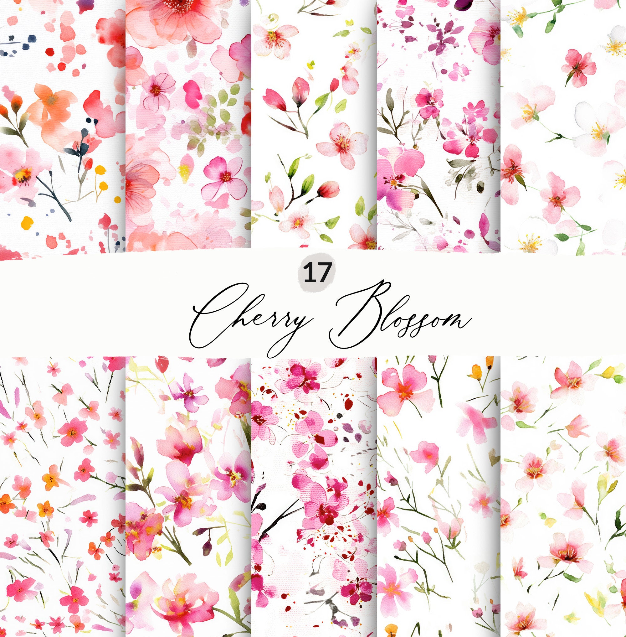 17 Seamless Cherry Blossom Patterns, Watercolor Cherry Blossom Seamless ...