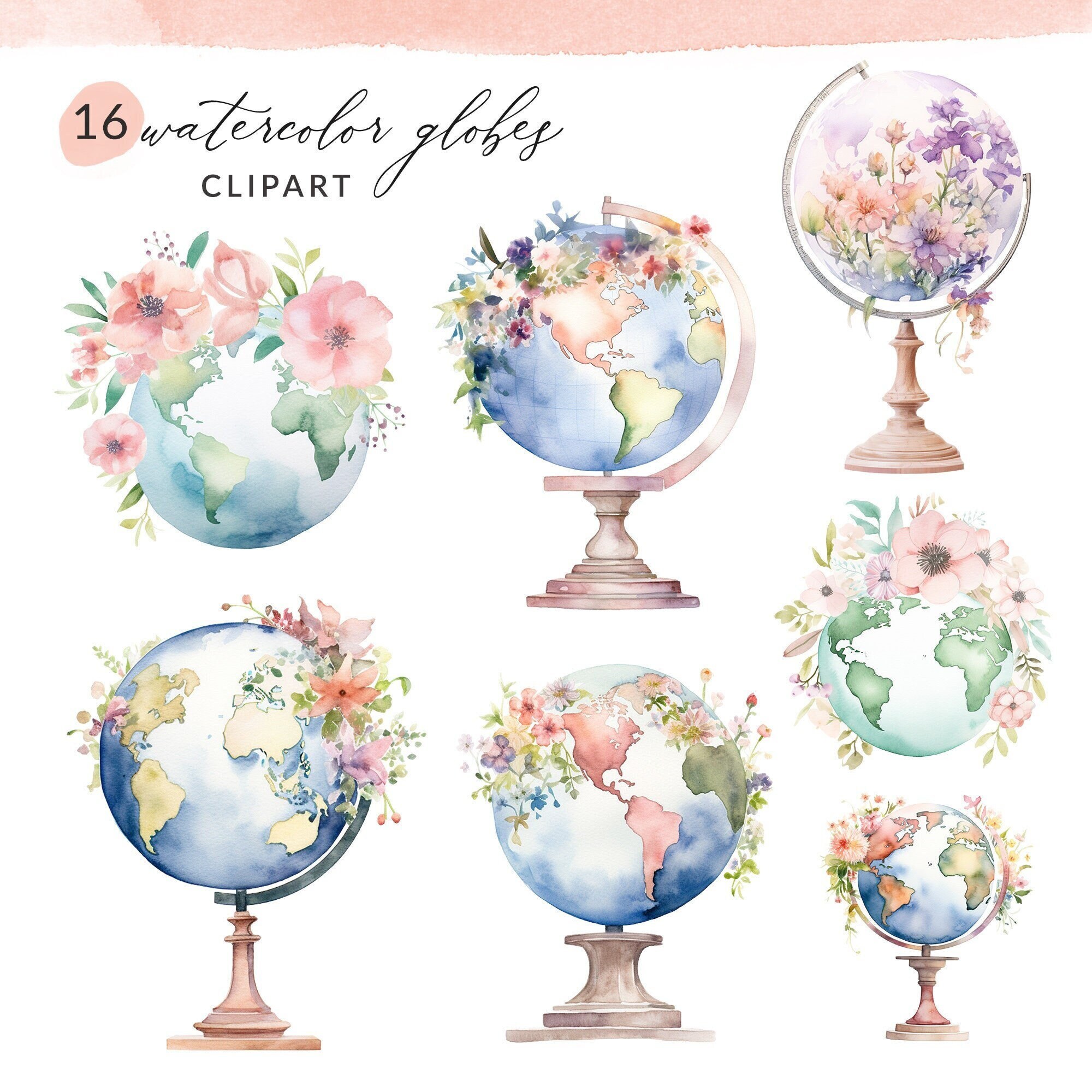 Watercolor Globe Clipart Floral Globes Clipart Watercolor - Etsy