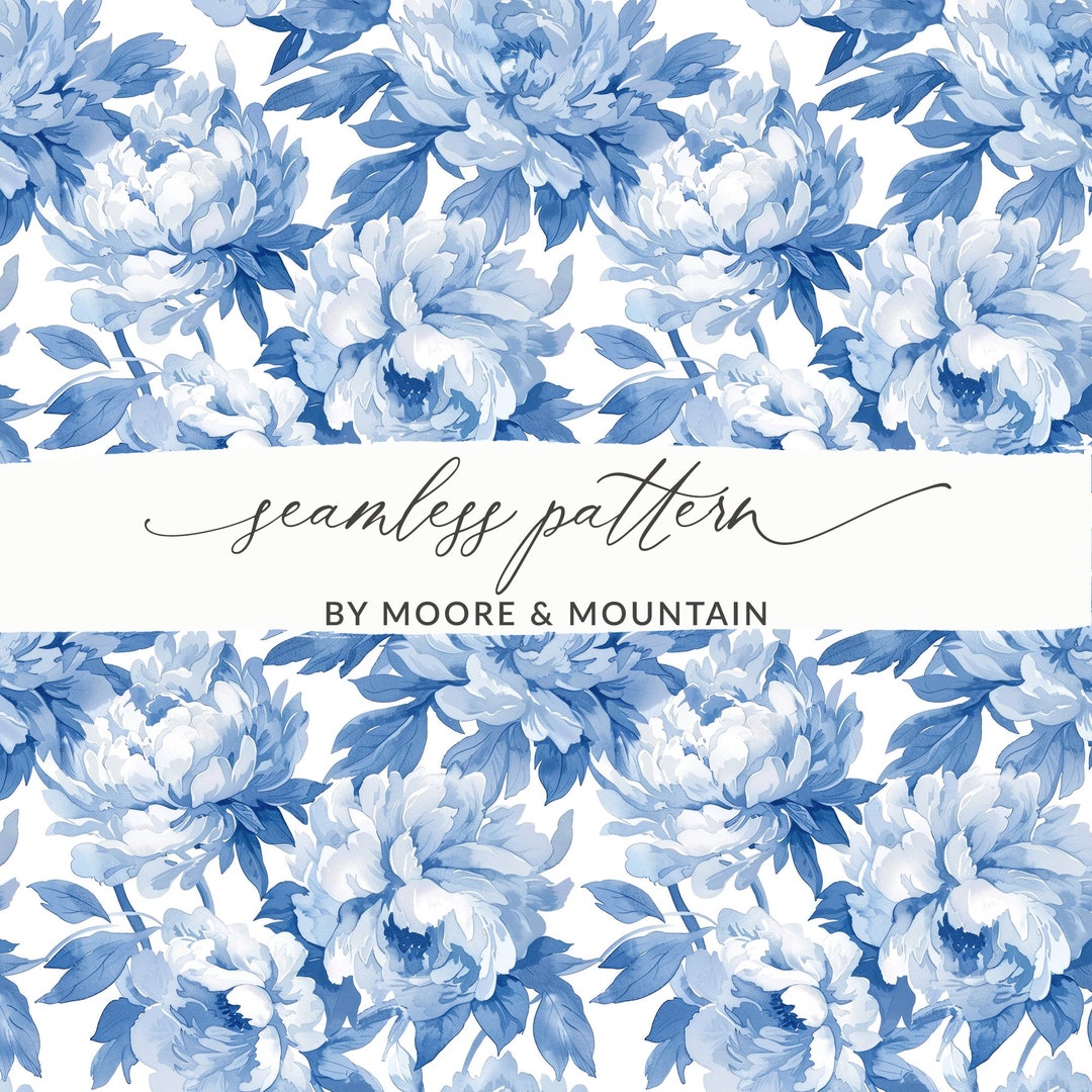 Seamless Peony Pattern, Blue Chinoiserie Peony Background Pattern, Oriental Peony Background ...