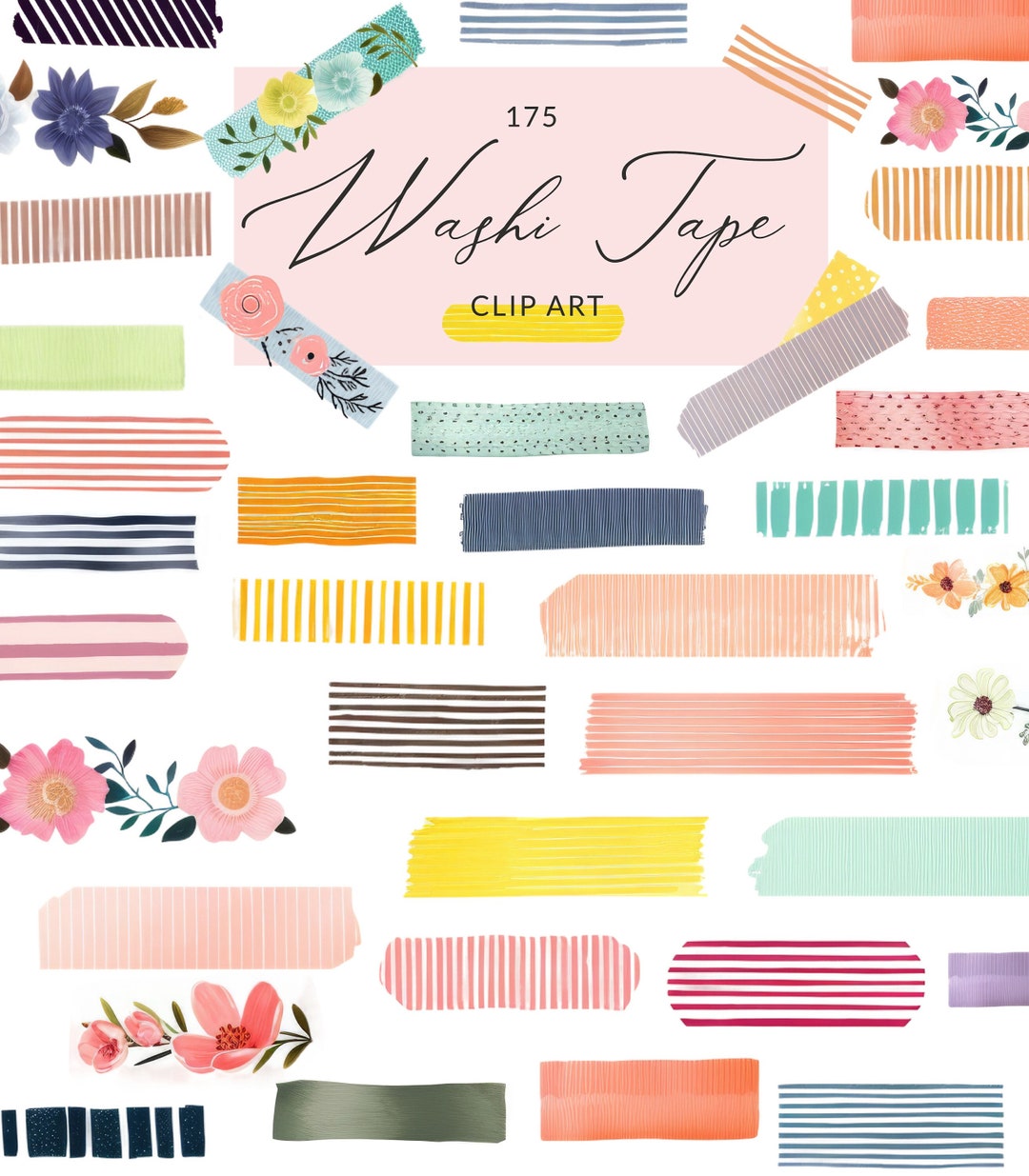 Watercolor Washi Tape Clipart Collection, Striped Washi Tape PNG Floral ...