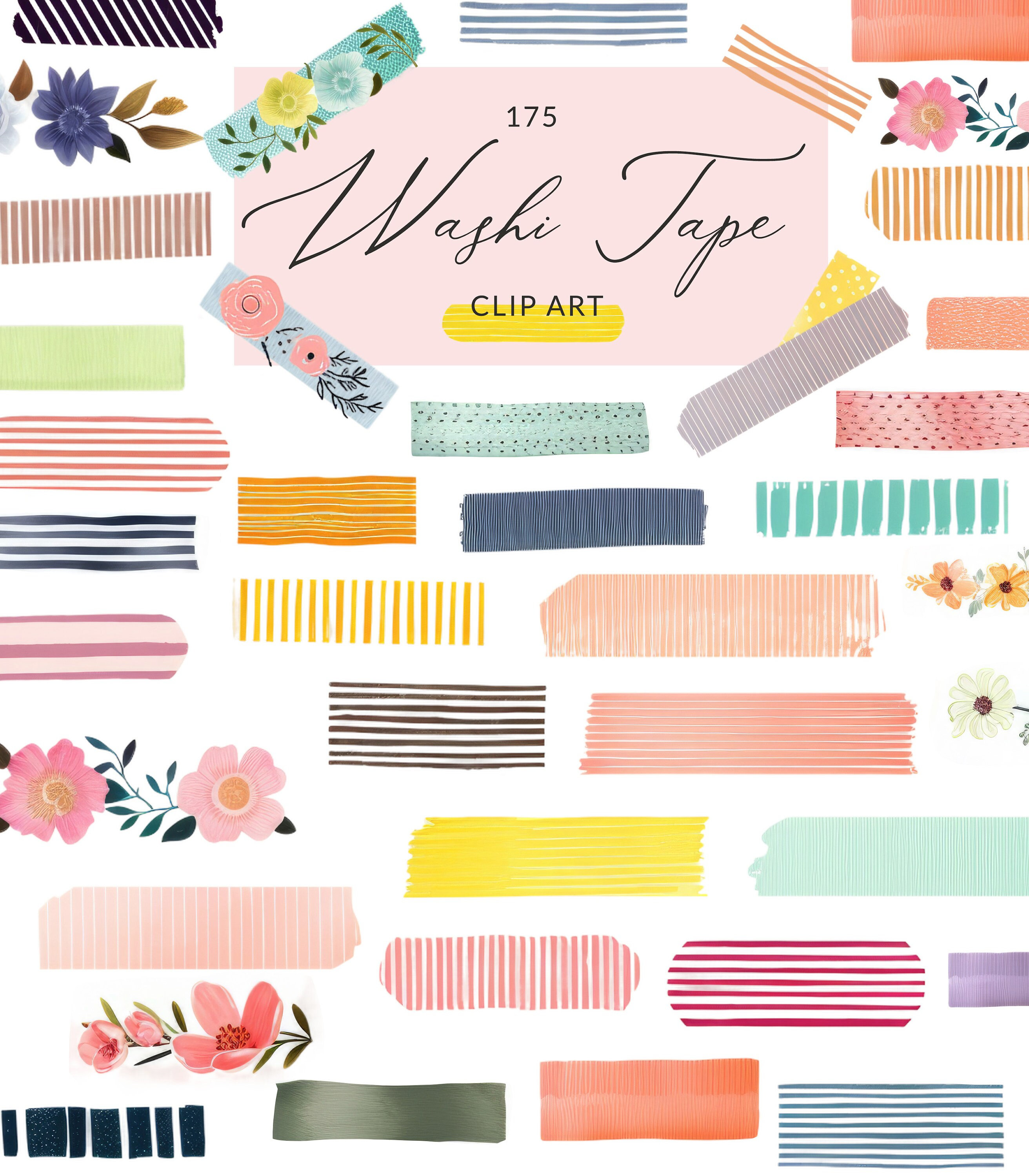 Watercolor Washi Tape Clipart Collection, Striped Washi Tape PNG Floral ...