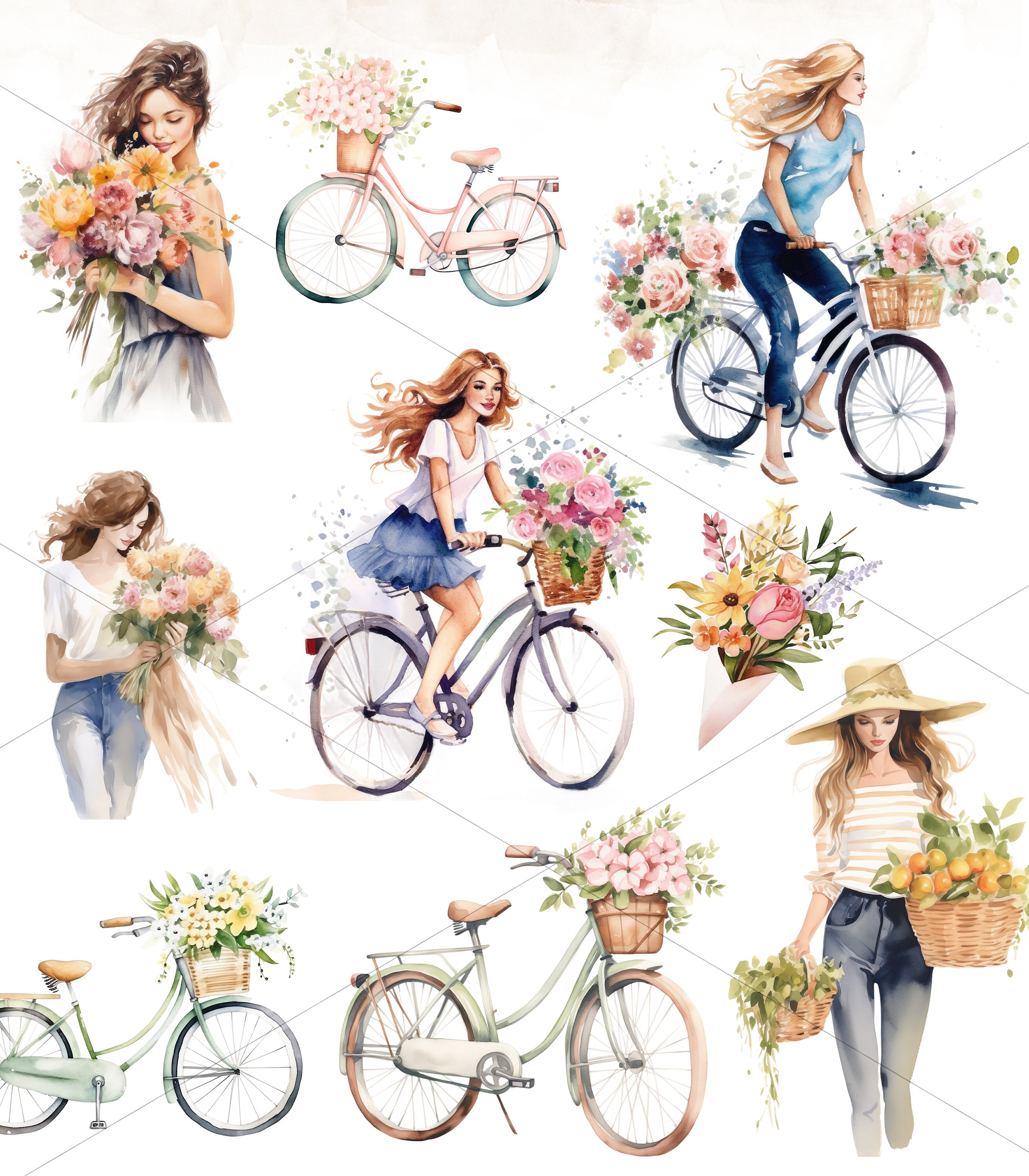 Spring Bike Clipart, Watercolor Bikes Clipart Spring Flower Bikes With ...