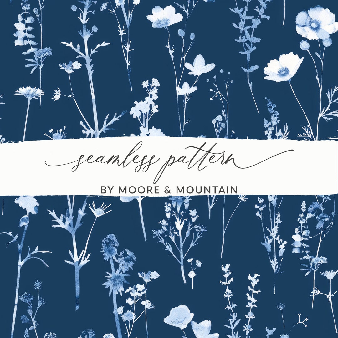 Indigo Blue Seamless Floral Pattern, Cyanotype Pattern, Wildflower ...