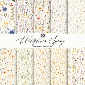 50 Wildflower Seamless Background, Boho Wildflower Seamless Pattern Pack, Watercolor Wildflowers ...