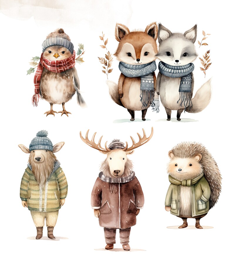 30 Watercolor Winter Animals Clipart, Winter Animals in Sweaters ...