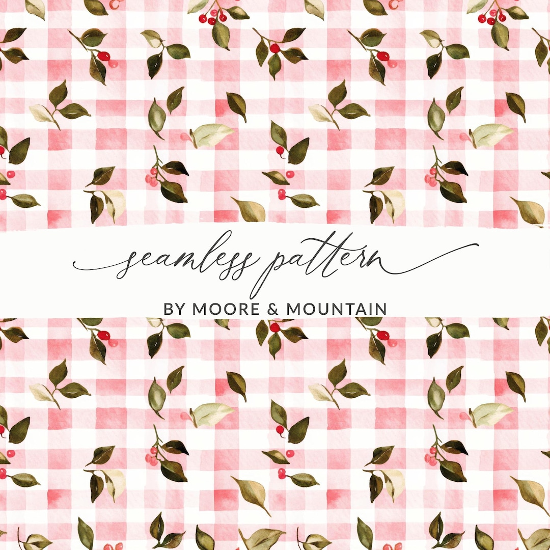 Pink Gingham Digital Paper, Floral Watercolor Seamless Pattern, Berries ...