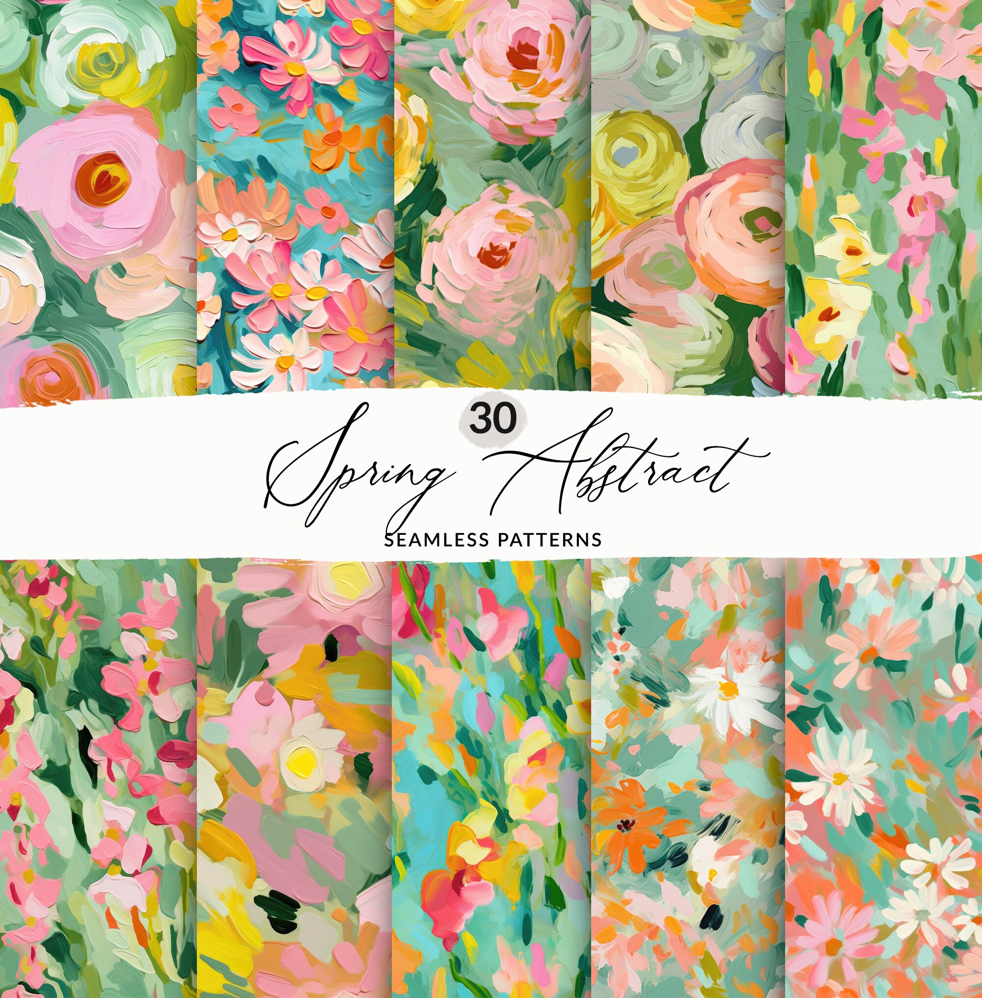 30 Painted Blooms Spring Pattern Set, Seamless Painted Spring Floral ...