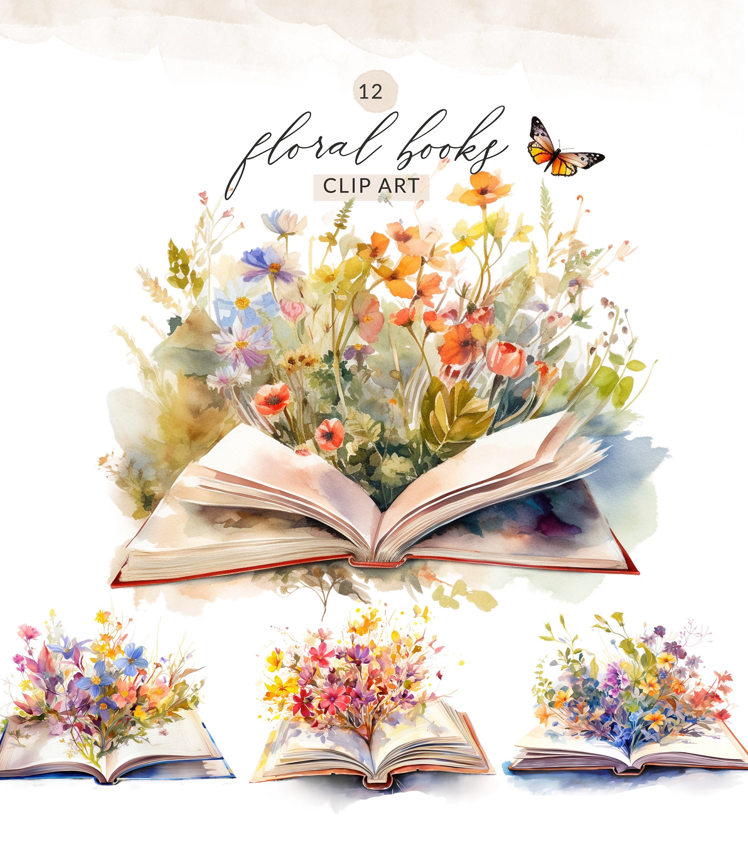 Watercolor Book Flowers Clipart Watercolor Floral Books - Etsy