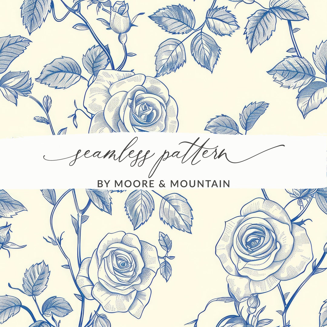 Vintage Romantic Rose Pattern Seamless Light Blue Rose Line Art Modern ...