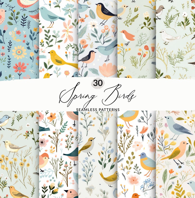 Seamless Birds Patterns Folk Art Bird Backgrounds, Cute Birds Digital ...