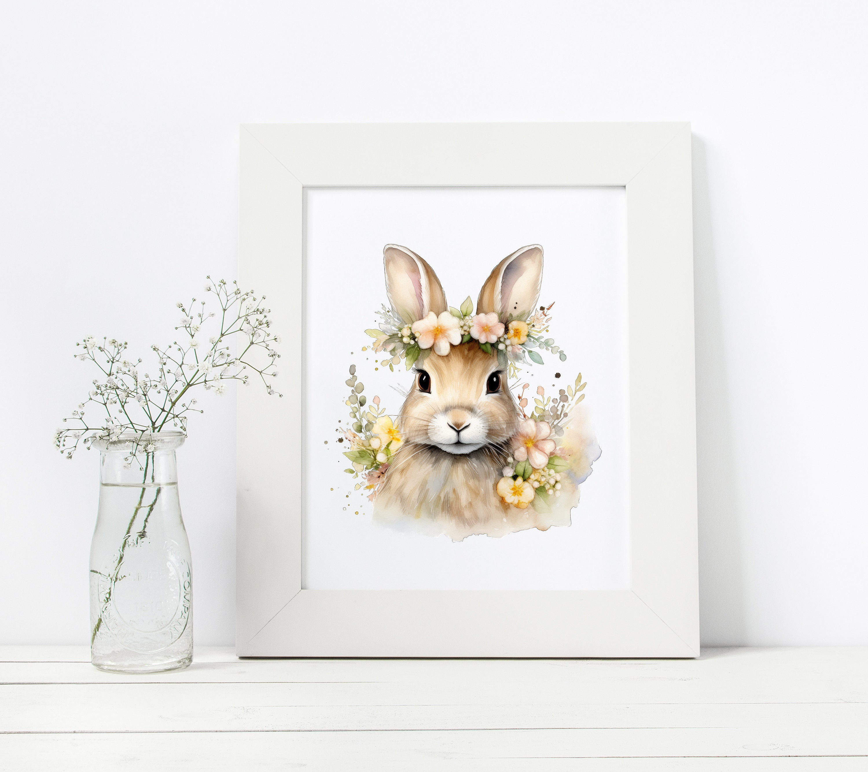 Boho Watercolor Bunny Clipart, Spring Bunnies With Flowers Clipart ...