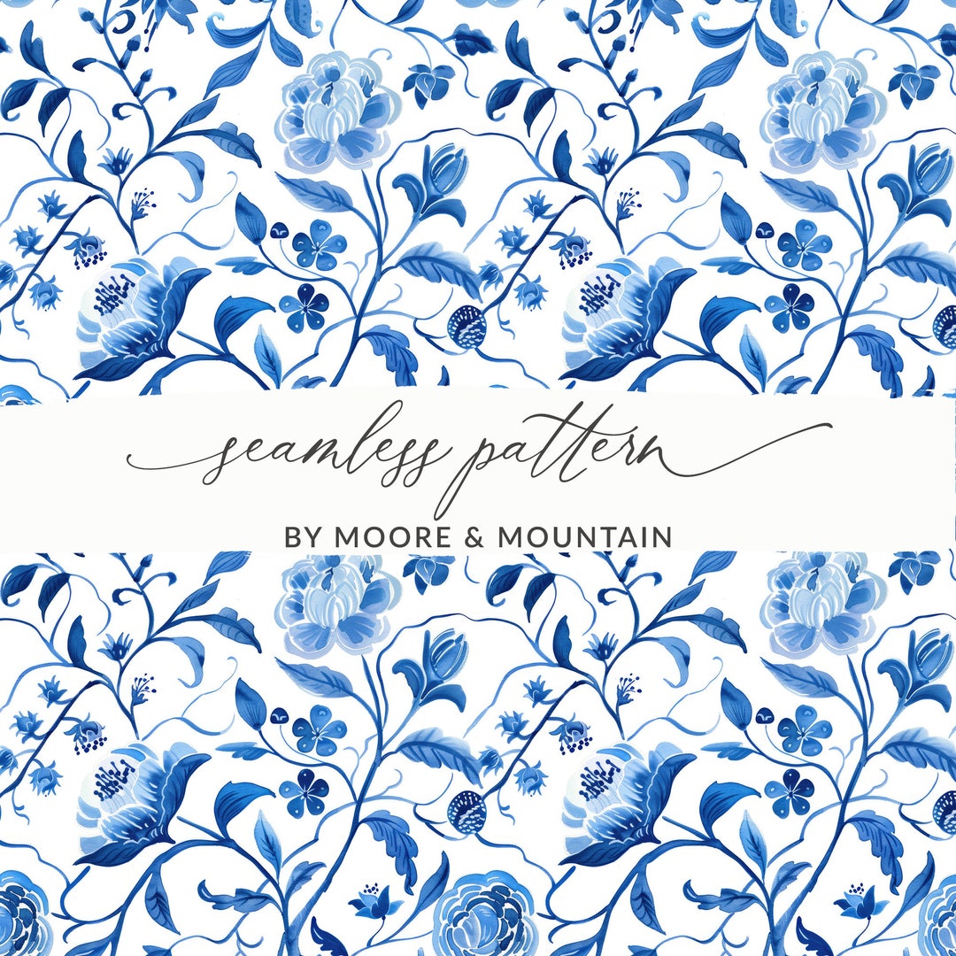 Elegant Painted Chinoiserie Seamless Background, Blue Chinese Flower ...