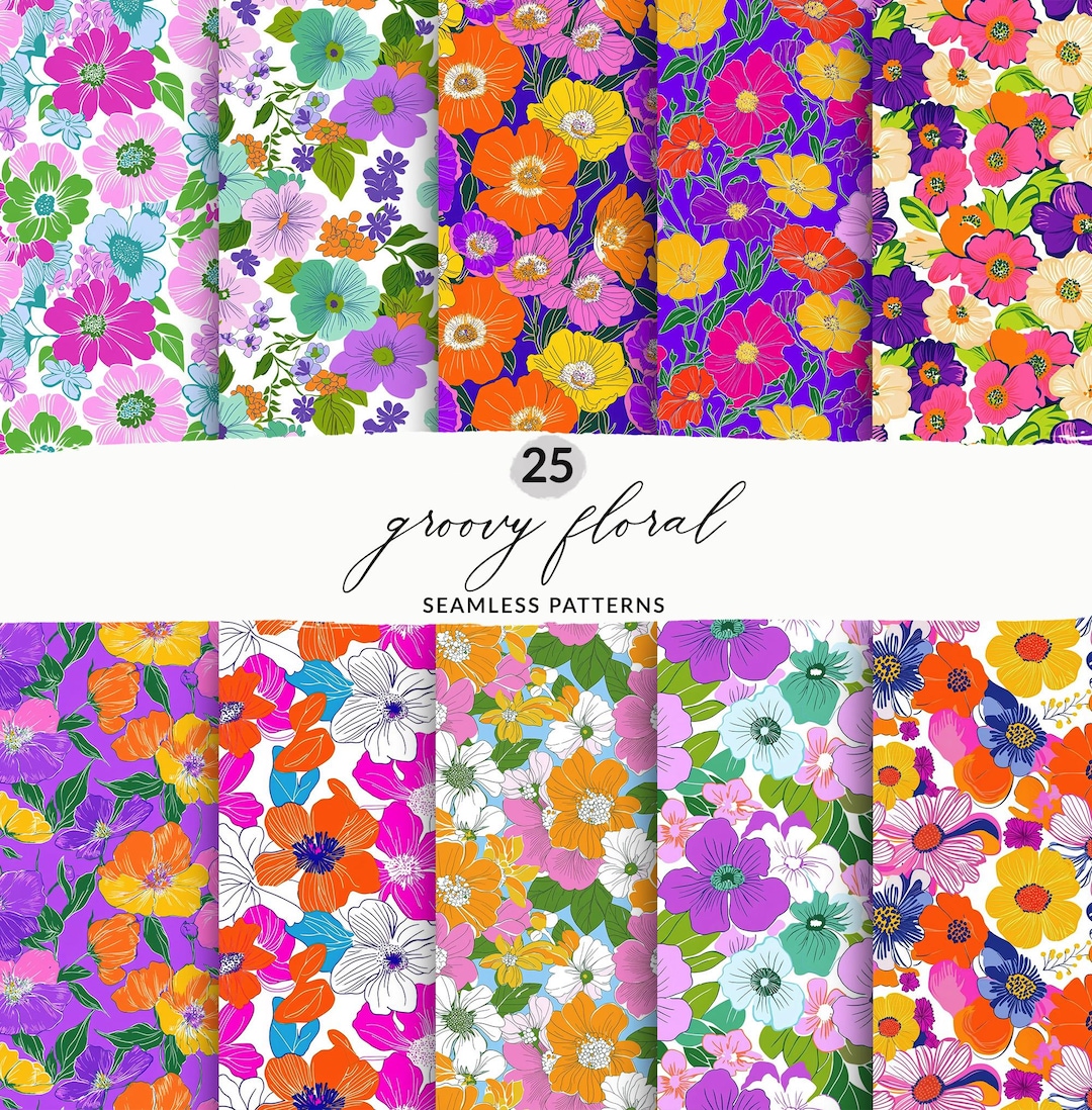 Retro Floral Seamless Digital Paper, Groovy 70s Patterns, 1960s Vintage ...