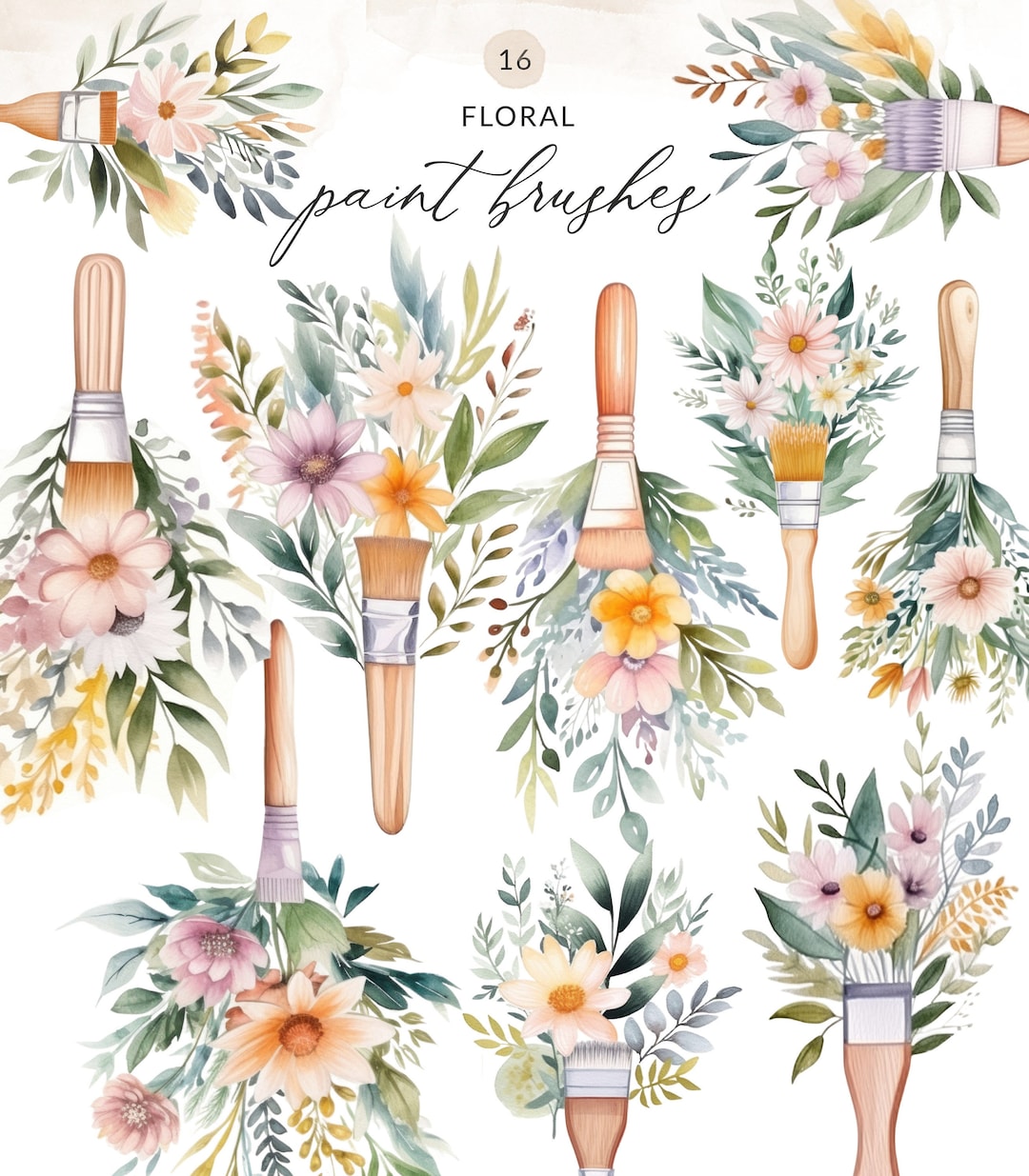 Watercolor Paintbrush Clipart, Watercolor Paintbrushes Clip Art, Floral ...