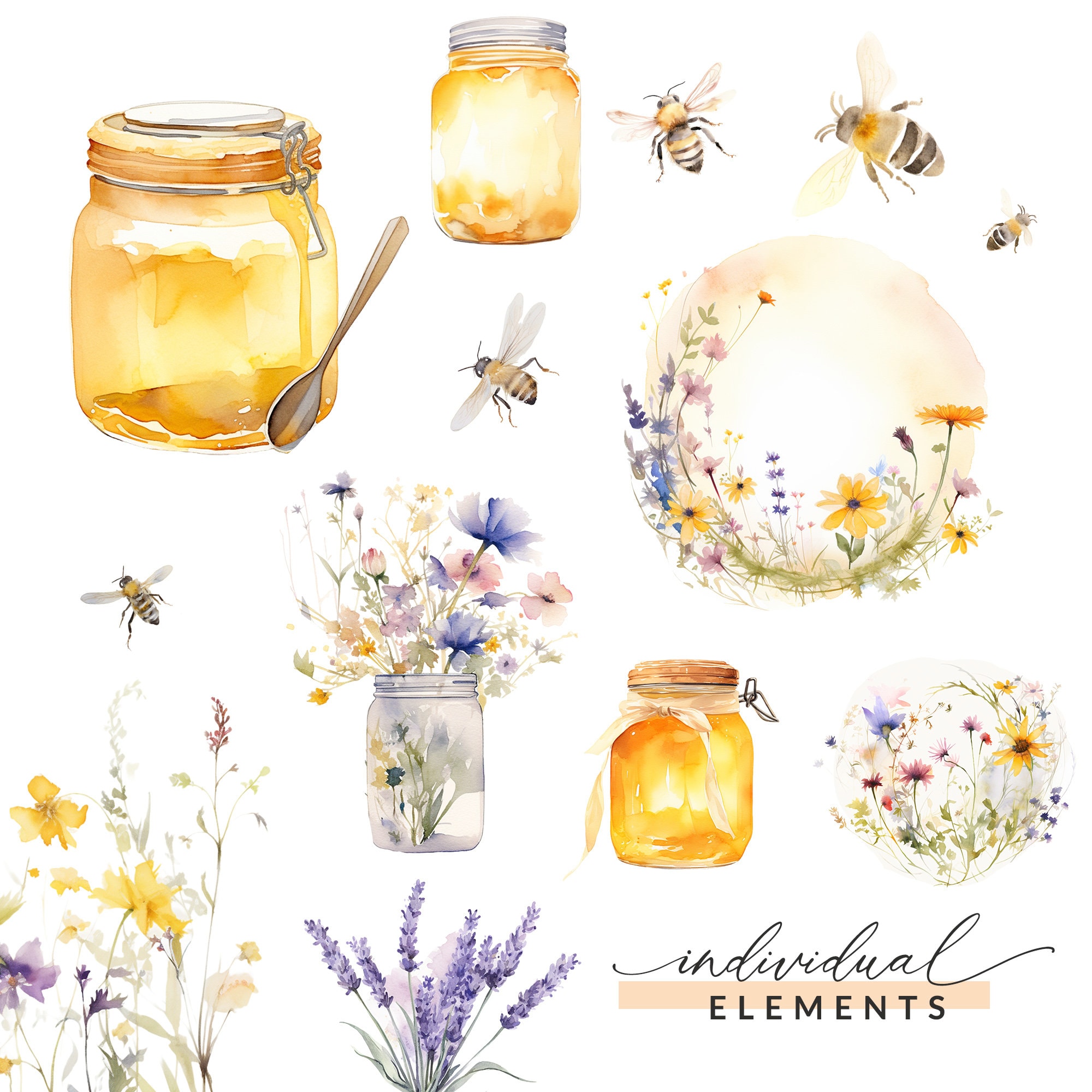 50 Honey Bee Clip Art, Watercolor Bee Clipart Set, Honey Clipart, Bee ...