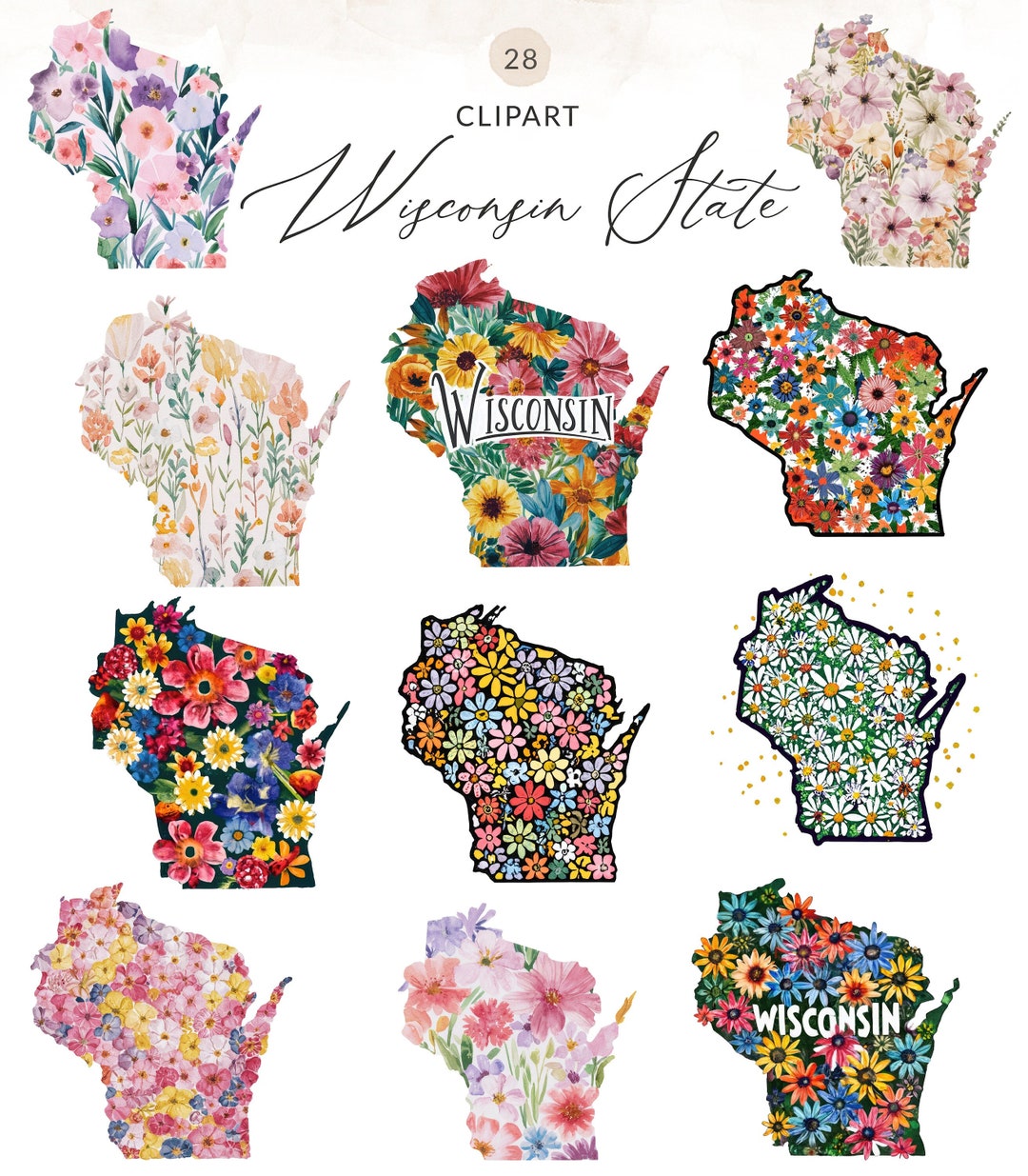 State of Wisconsin Clipart, Wisconsin State PNG, Floral Wisconsin State ...