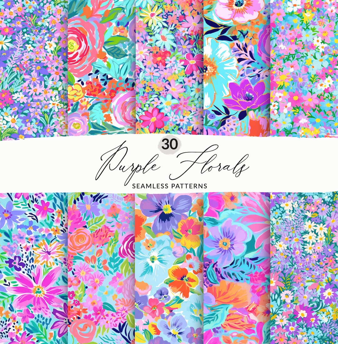 30 Purple Floral Seamless Patterns Purple Flowers, Preppy Spring Flower ...