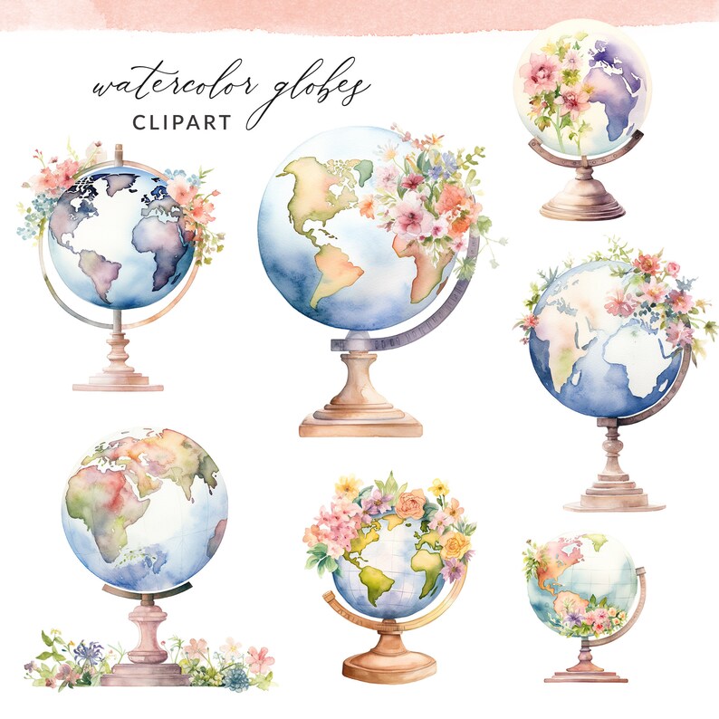 Watercolor Globe Clipart, Floral Globes Clipart, Watercolor Globes Clip ...