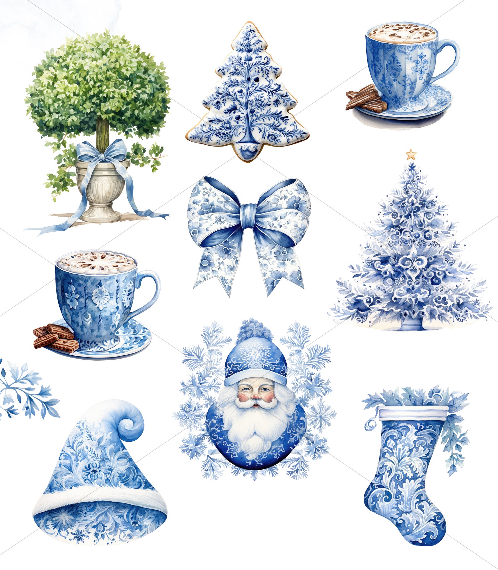 Blue Watercolor Chinoiserie Christmas Clip Art Collection, Blue ...
